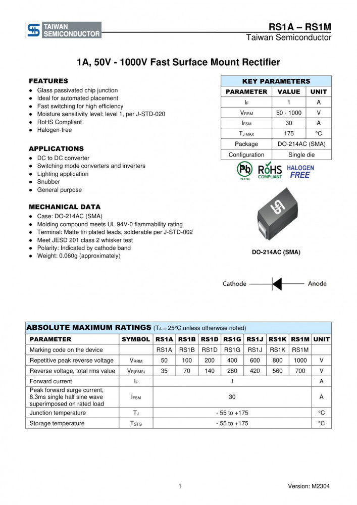 RS1D datasheet page 1