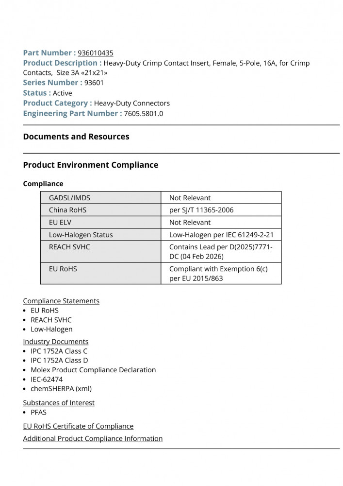 MOLEX 936010435 technical document page 1
