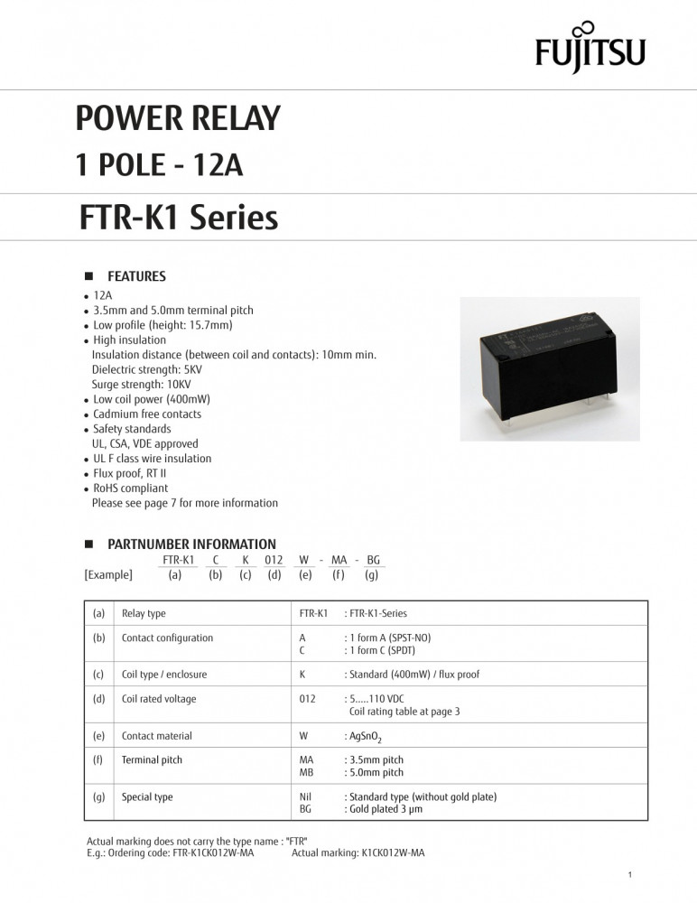 FTR-K1 datasheet page 1