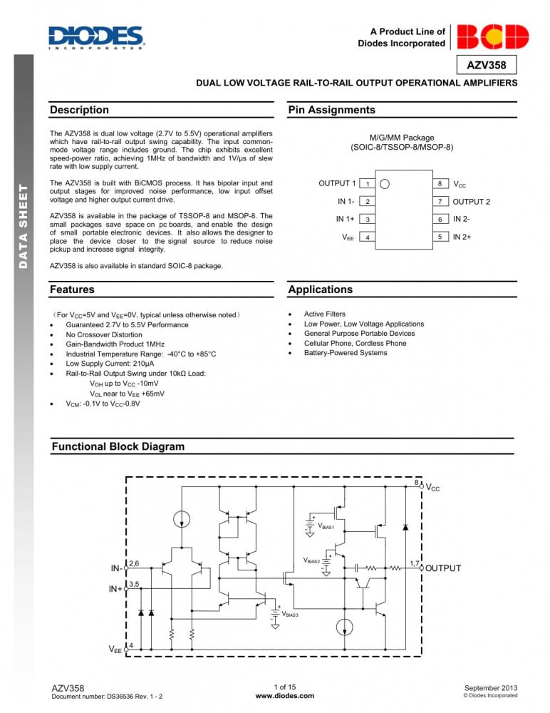AZV358 datasheet page 1