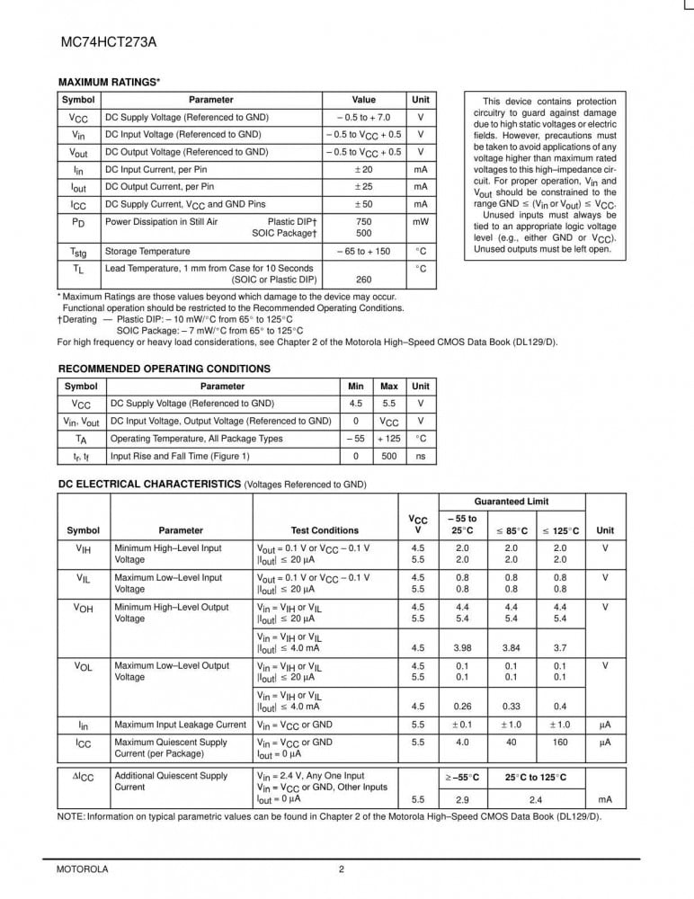 MC74HCT273ADW datasheet page 2