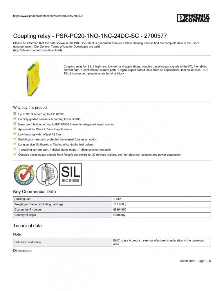 Phoenix Contact 2700577 technical document page 1