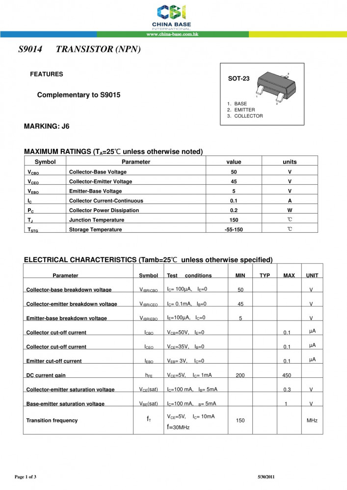 S9014 datasheet page 1