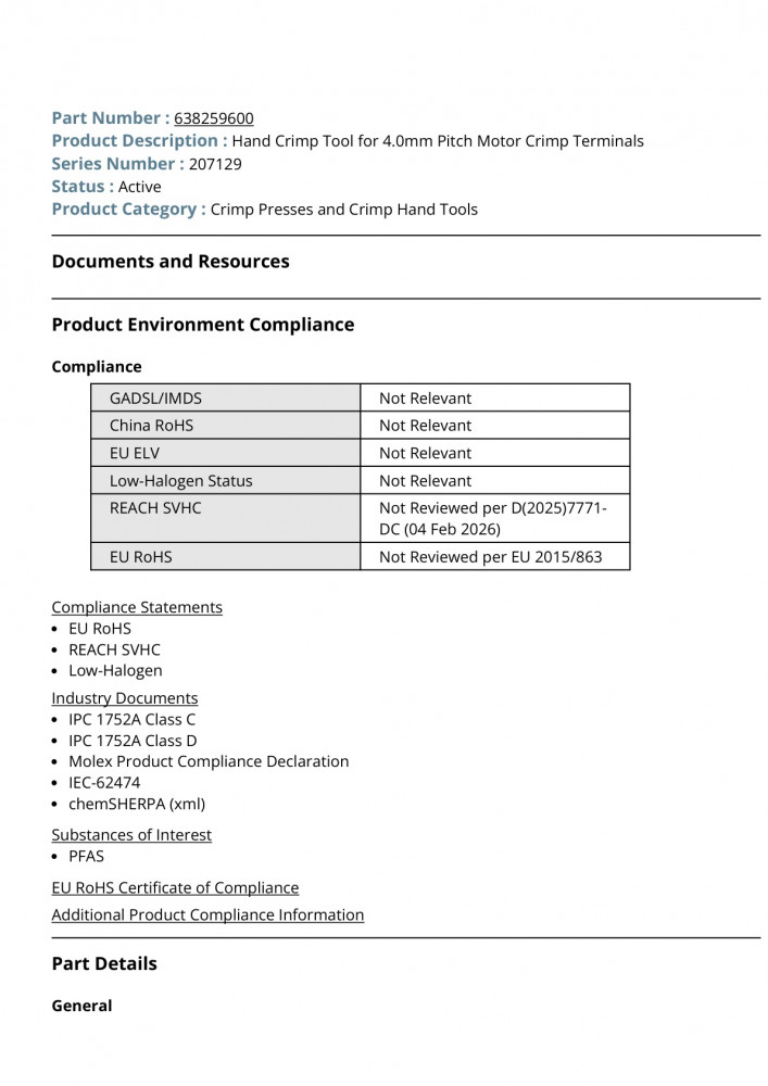 Product documentation image 1 for Molex 638259600