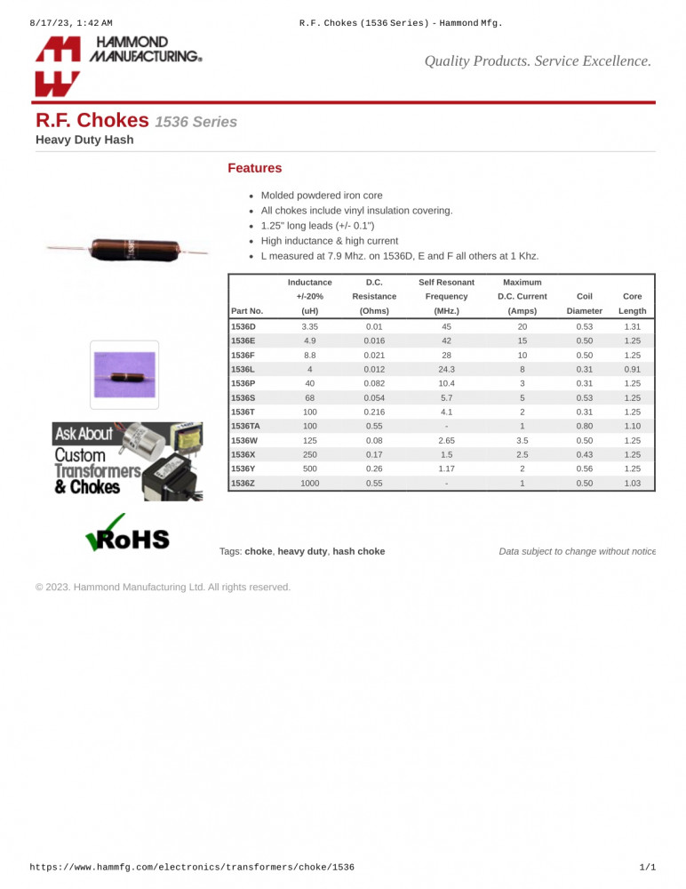 Hammond 1536 Series RF choke technical reference