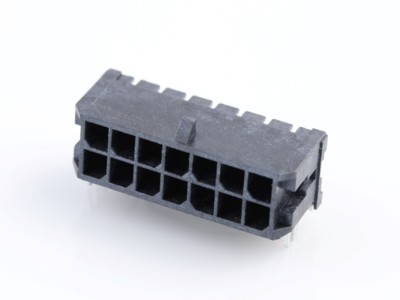 Micro-Fit 3.0 Right-Angle Header, 3.00mm Pitch, Dual Row, 14 Circuits, with PCB Press-fit Metal Retention Clip, 0.38µm Gold Plating, Glow-Wire Capable, Black,  Tape and Reel for sale