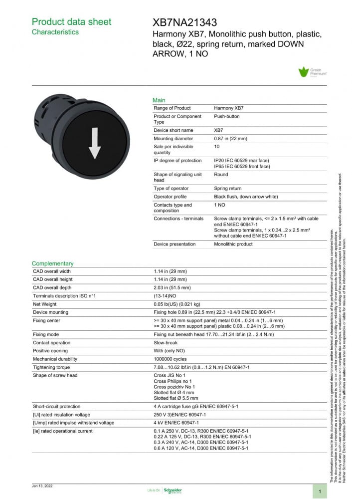 XB7NA21343 technical document page 1