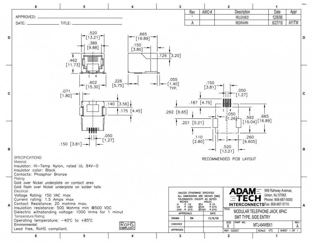 ADAM TECH MTJ-64WBX1 technical drawing