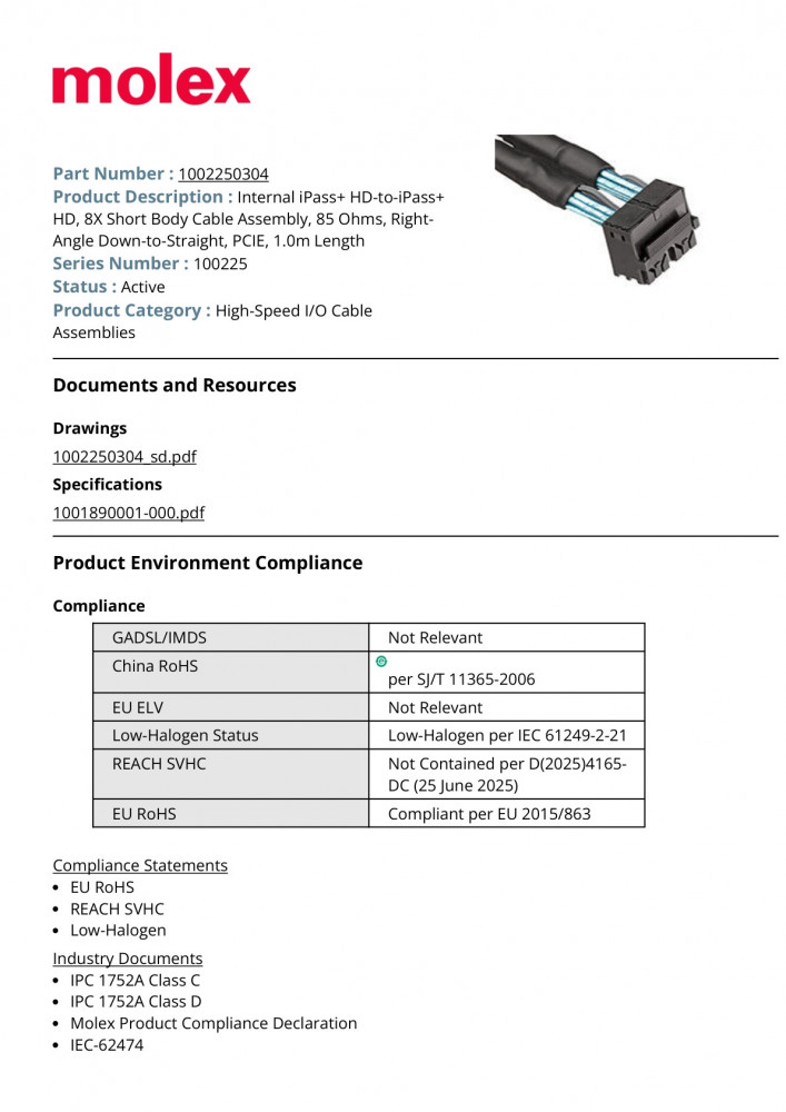 Molex Internal MiniSAS HD short-body cable assembly specification page 1