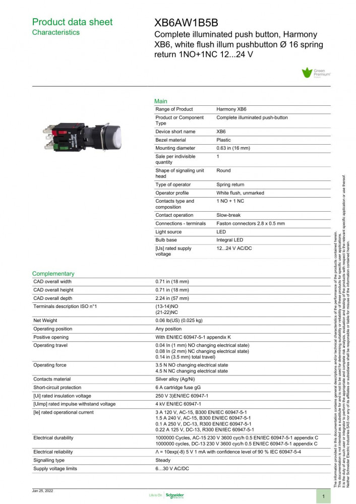 XB6AW1B5B technical document page 1