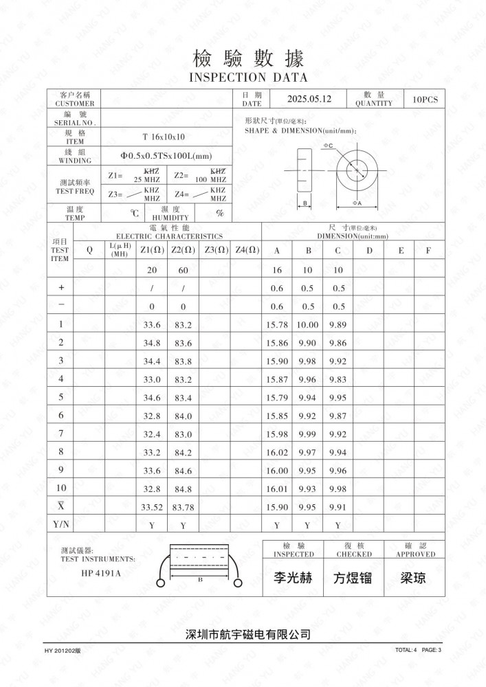 T16×10×10 inspection data page