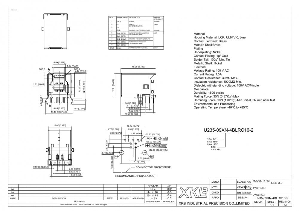 XKB Connection USB connector technical drawing