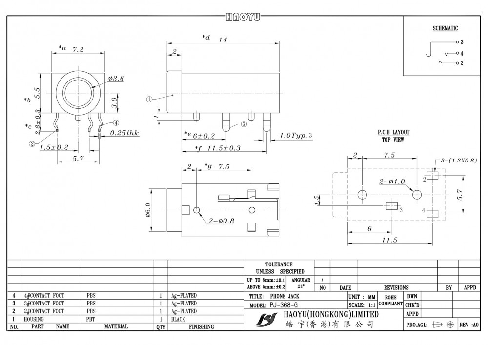 HOOYA PJ-368-G phone jack technical drawing