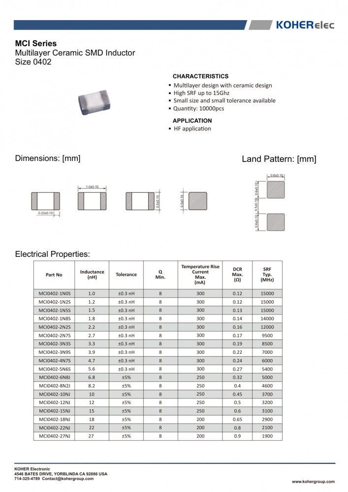 KOHERelec MCI0402 multilayer ceramic SMD inductor datasheet page 1