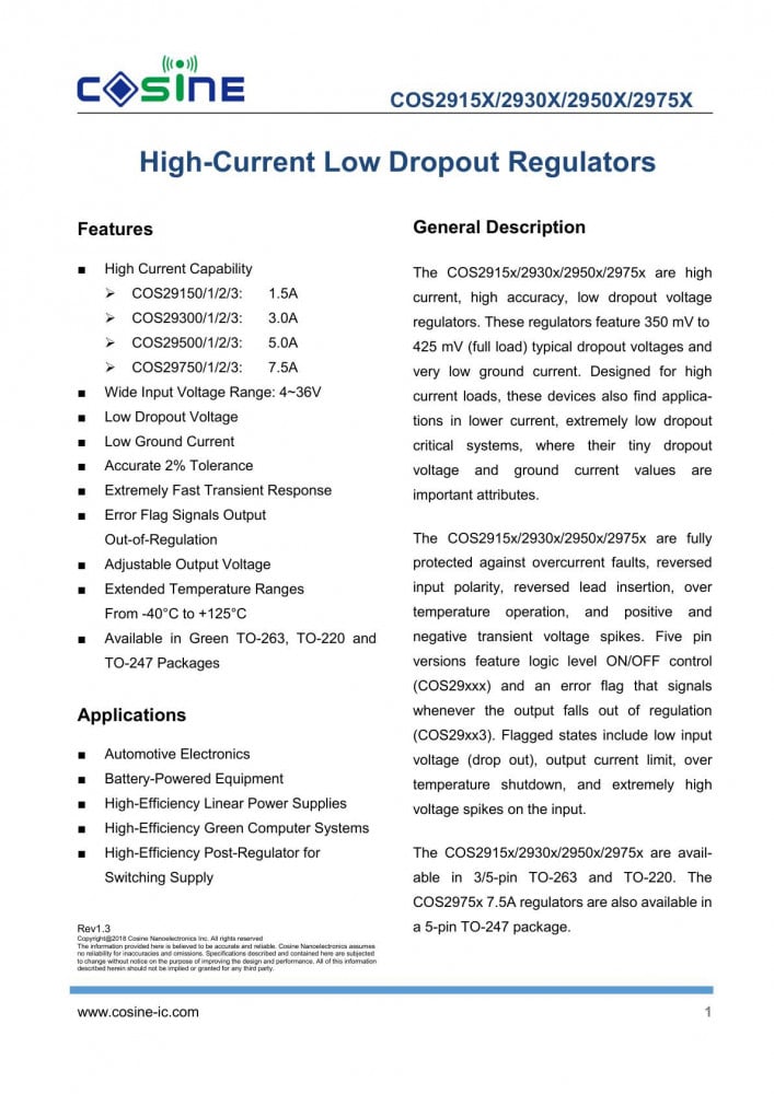 COS29152WD datasheet page 1