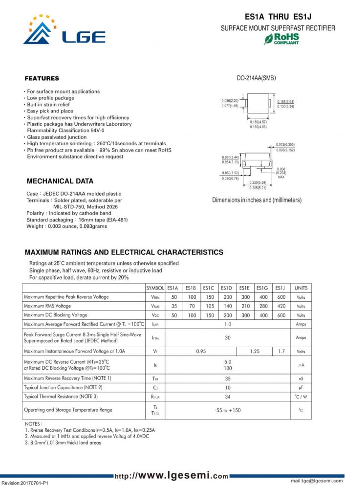 LGE ES1G datasheet page 1