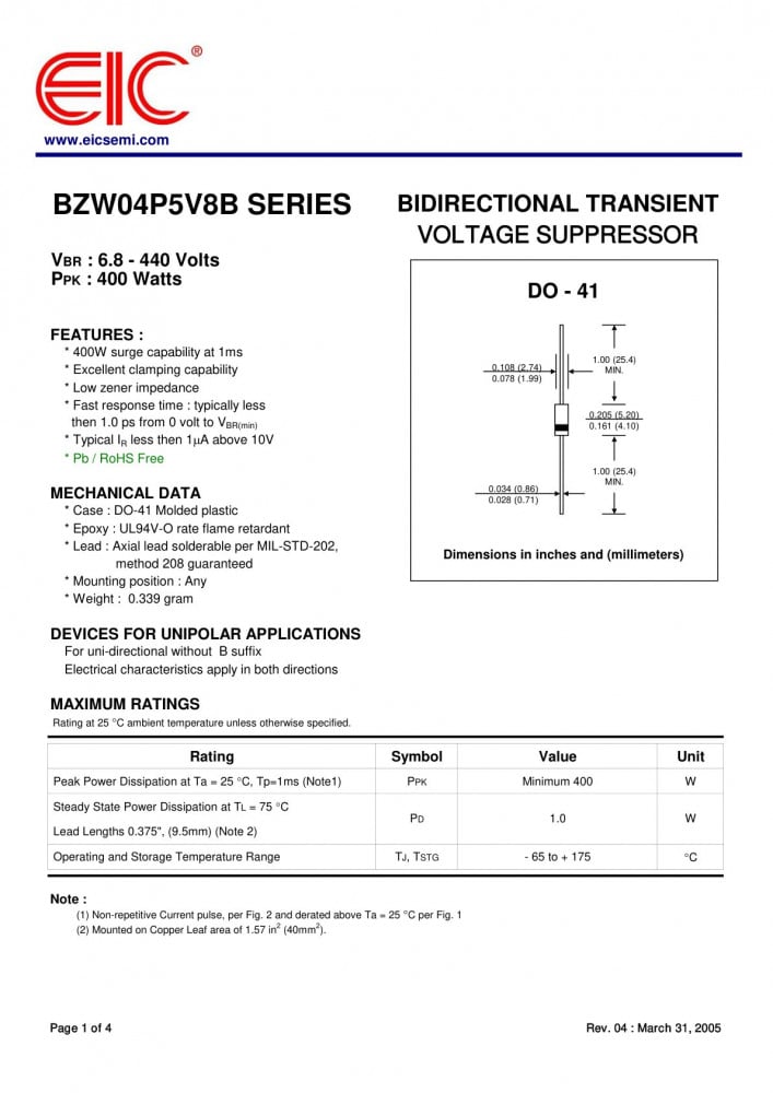 EIC BZW04P5V8B series datasheet page 1