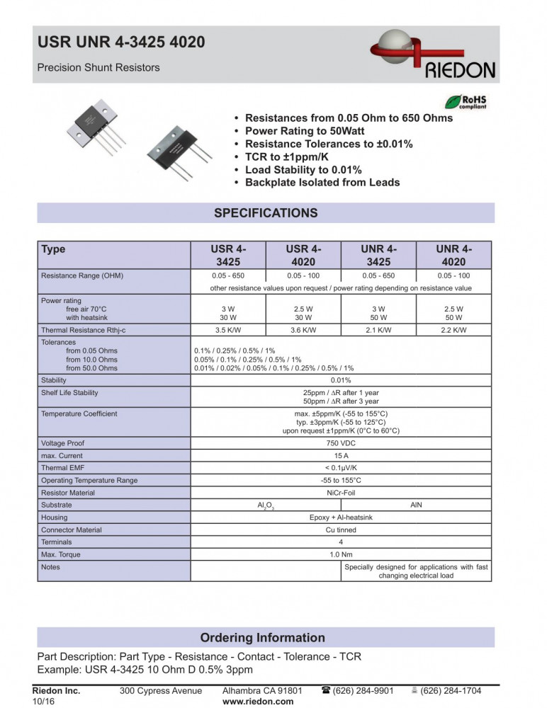 Riedon USR 4-3425 datasheet page 1