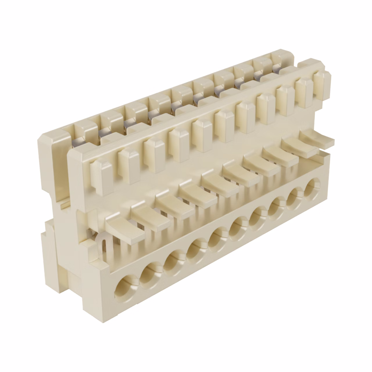 Appli-Mate RAST 2.5 Connector, 2.50mm Pitch, Female, 10 Circuits, Circuit 2 and 9 Voided, Latch at Circuit 2 and 9, Open Endwalls, Tin Plating
