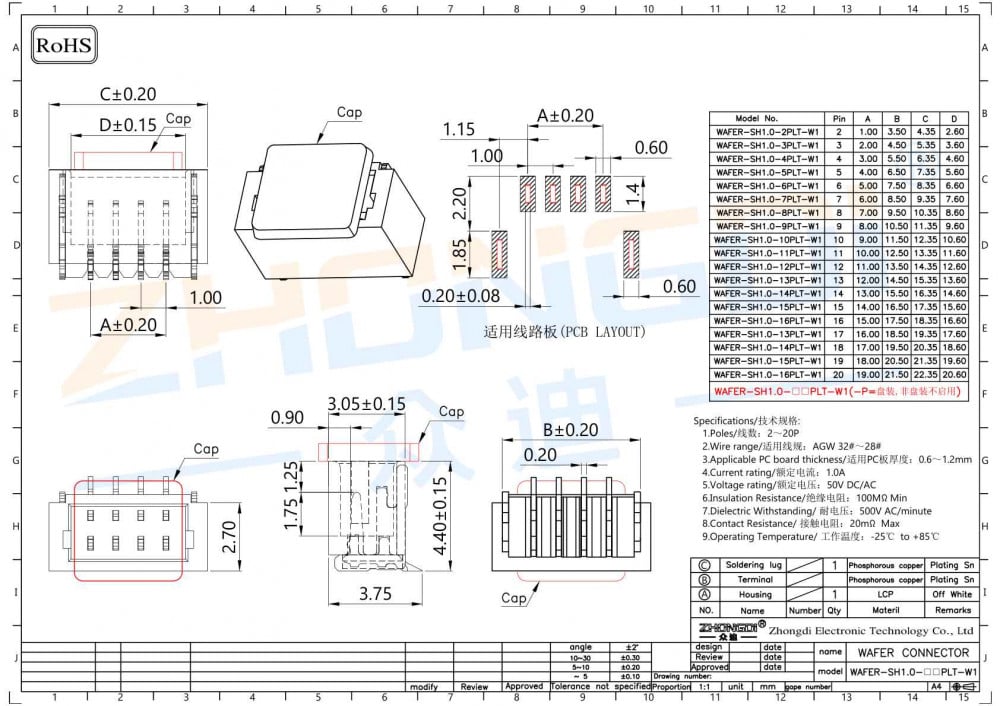 Zhongdi WAFER-SH1.0-8PLT-W1-P technical drawing page