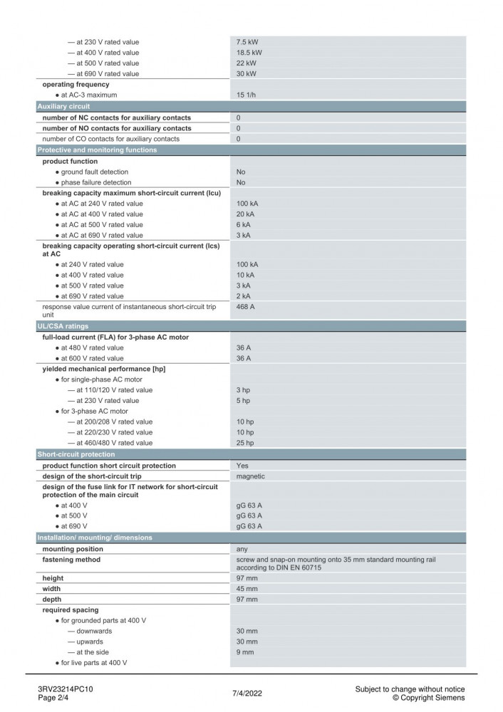 3RV23214PC10 technical document page 2