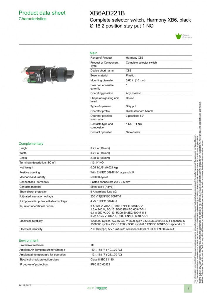 XB6AD221B technical document page 1