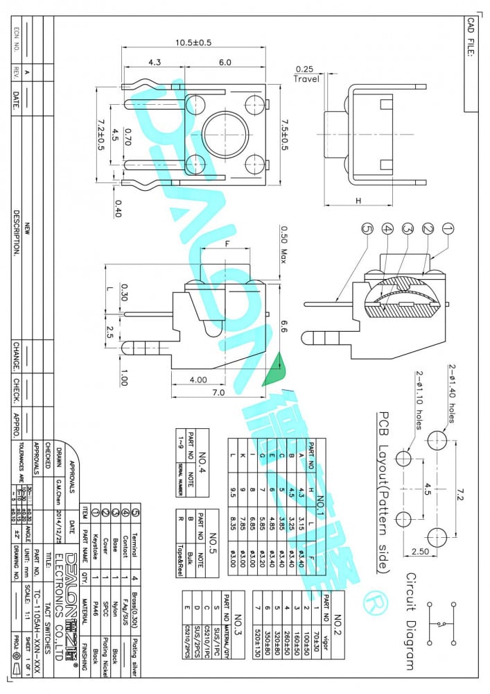 DEALON tact switch drawing for TC-1105AH series