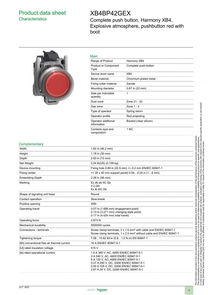 XB4BP42GEX technical document page 1