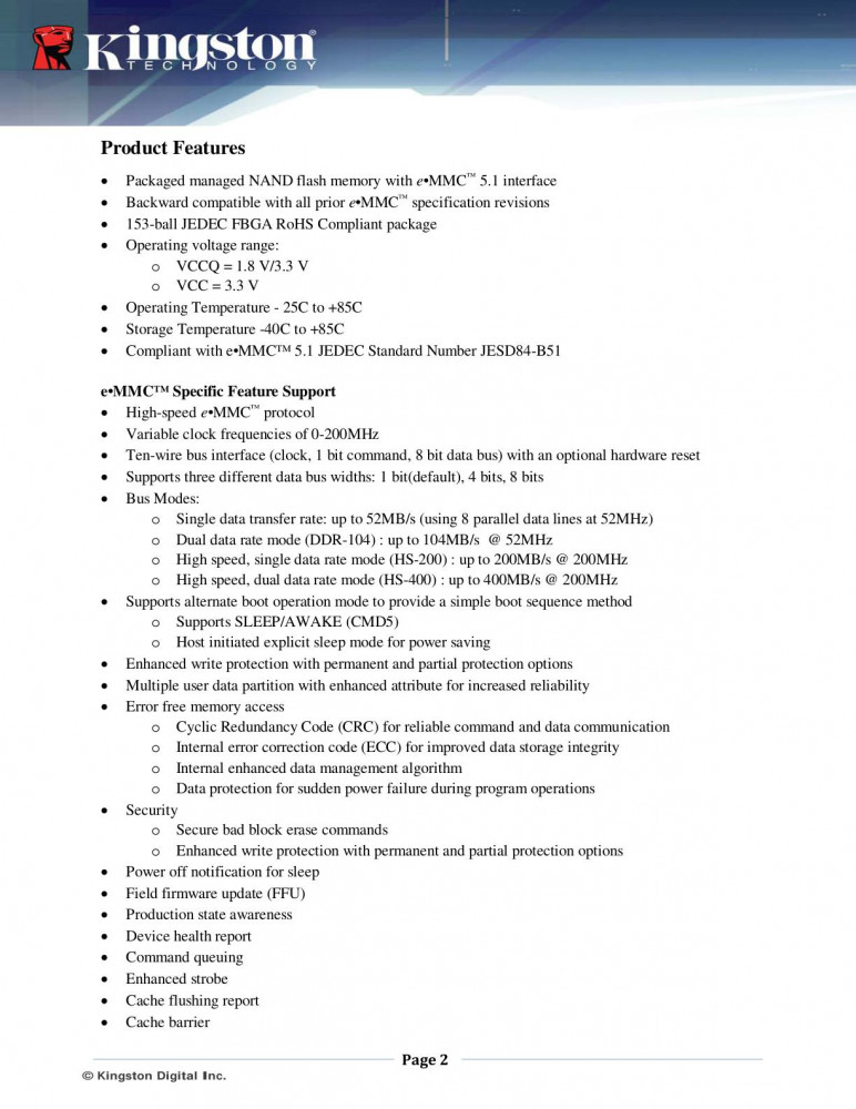 Kingston eMMC datasheet page 2
