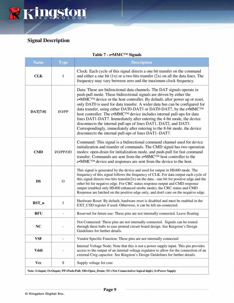 Kingston eMMC datasheet page 9