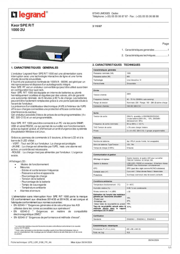 Legrand Keor SPE R/T 1000 product documentation page