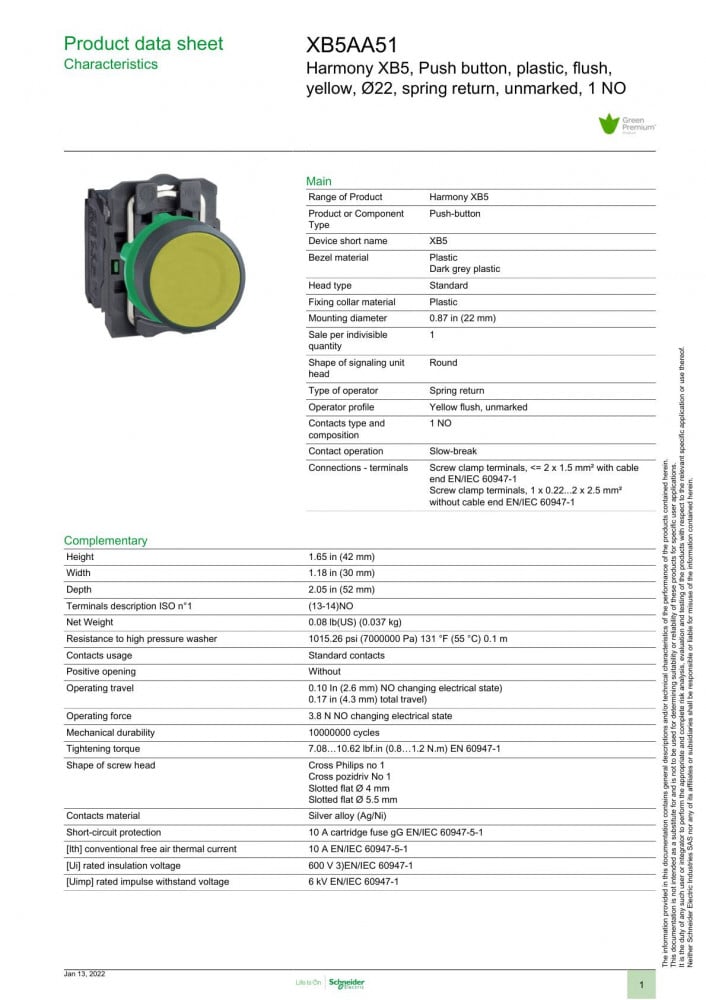 XB5AA51 technical document page 1