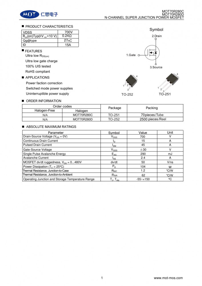 MOT70R280D datasheet page 1