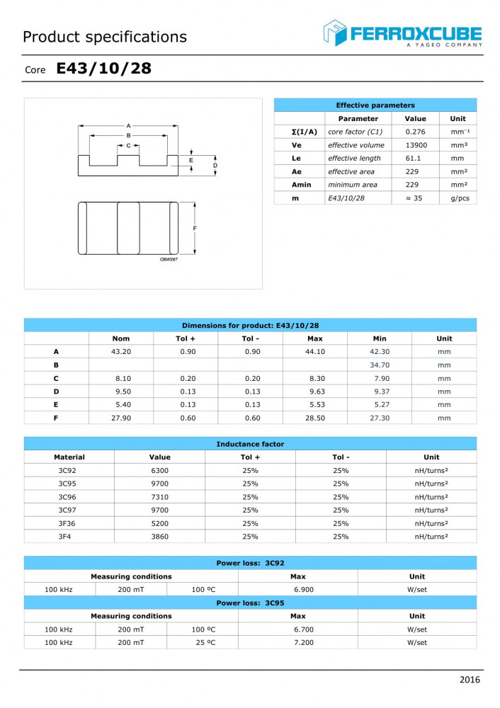 E43/10/28 ferrite core datasheet page 1