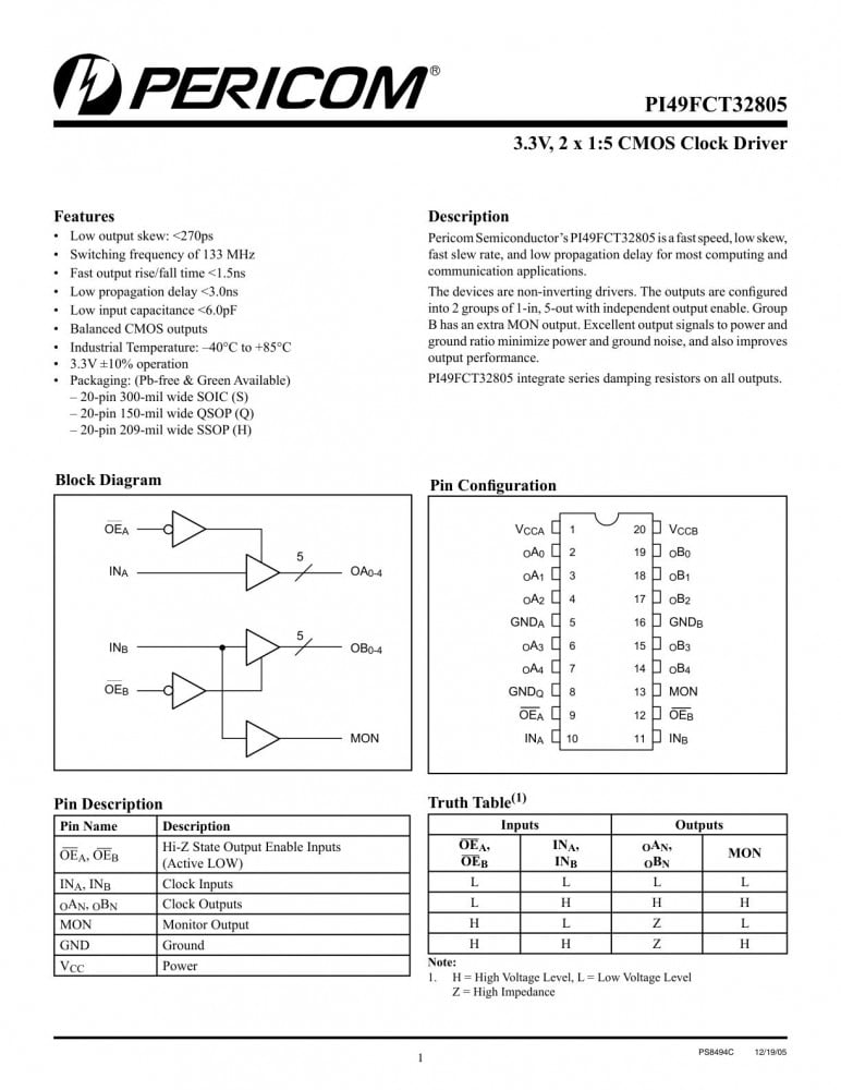 PI49FCT32805QE datasheet page 1