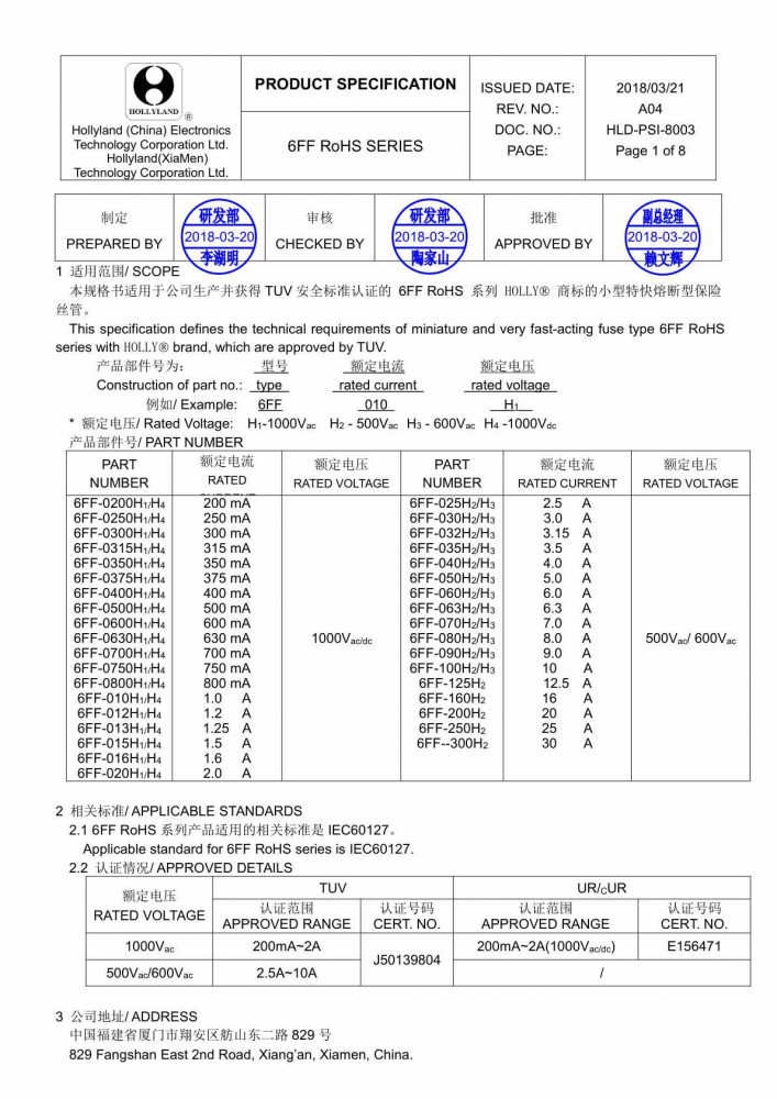HOLLY 6FF RoHS specification page 1