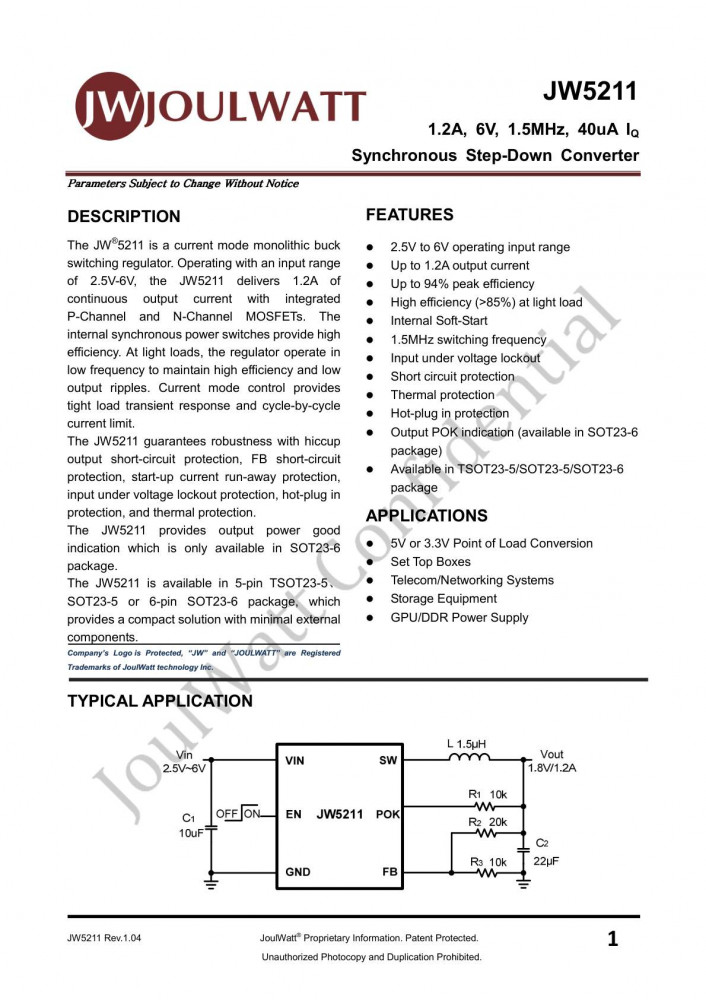 JW5211 datasheet page 1