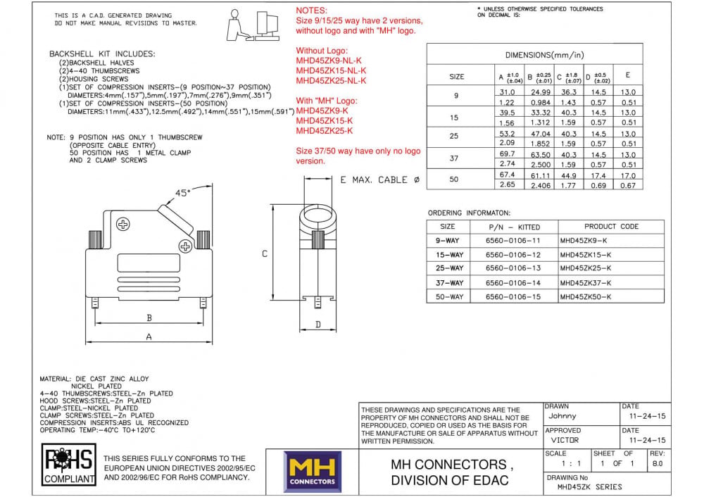 MH CONNECTORS MHD45ZK series technical drawing