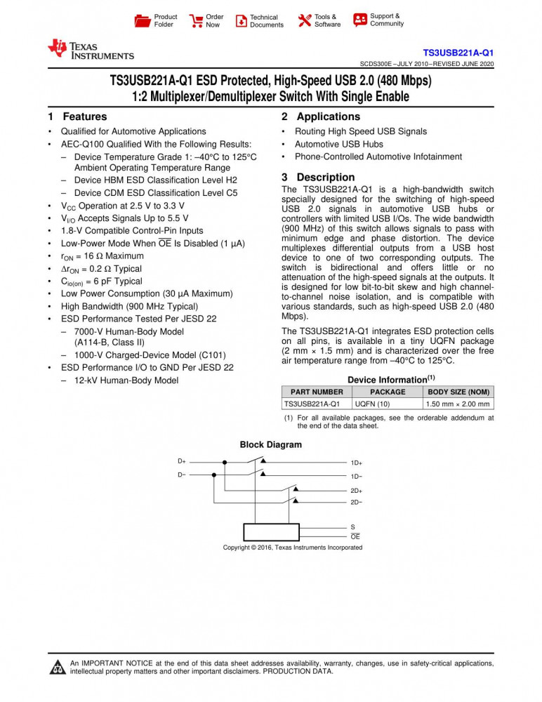 TS3USB221A-Q1 datasheet page 1