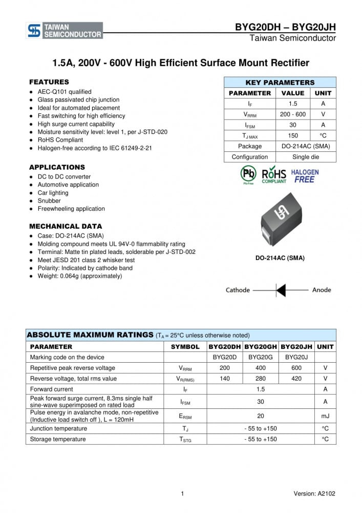 BYG20GH datasheet page 1