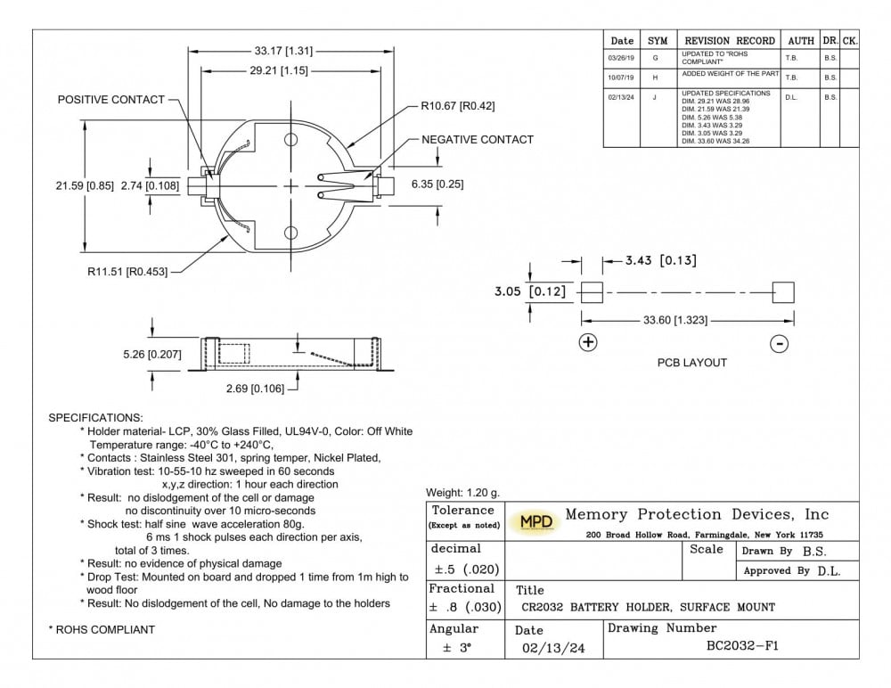 MPD BC2032-F1 CR2032 surface-mount battery holder drawing