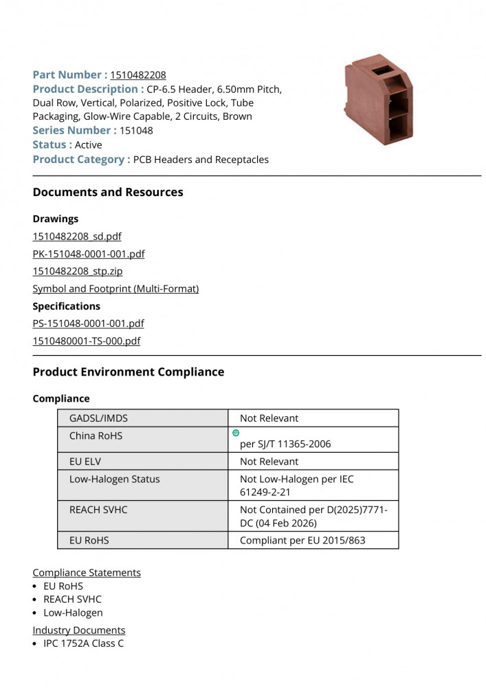 Molex CP 6.5 mm connector specification, page image 1