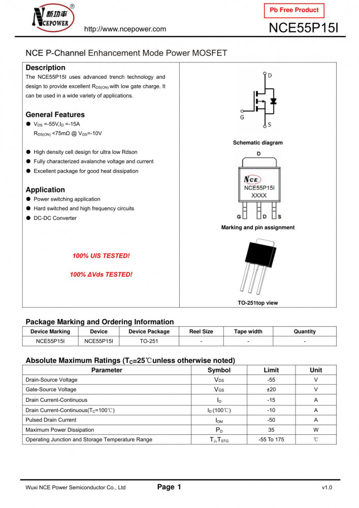 NCE55P15I datasheet page 1