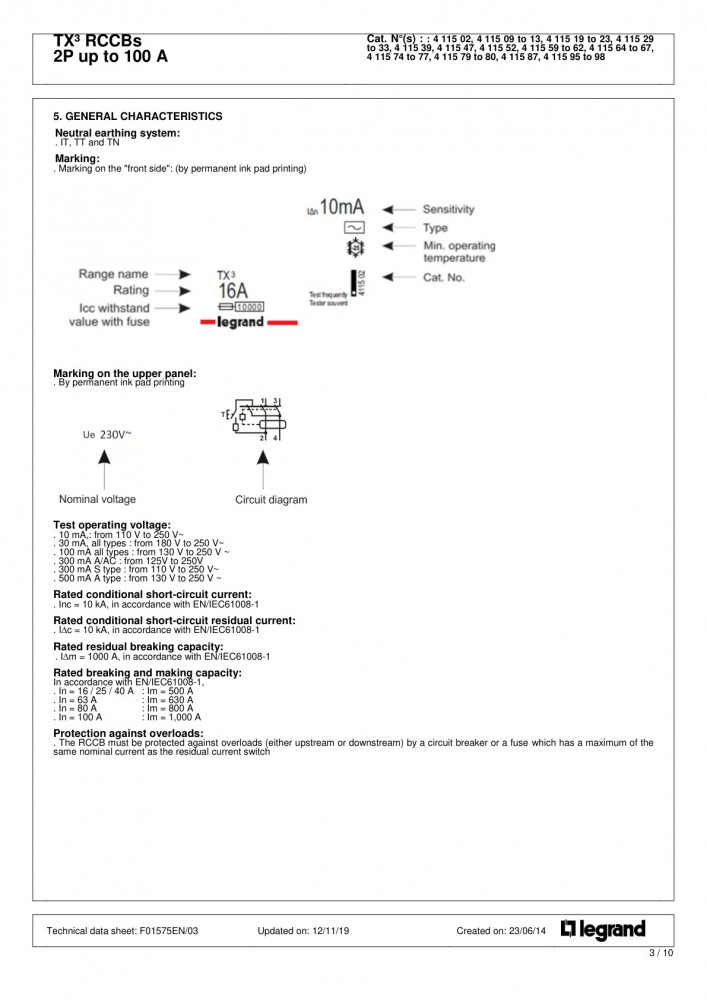Legrand TX³ RCCB technical document, page 3