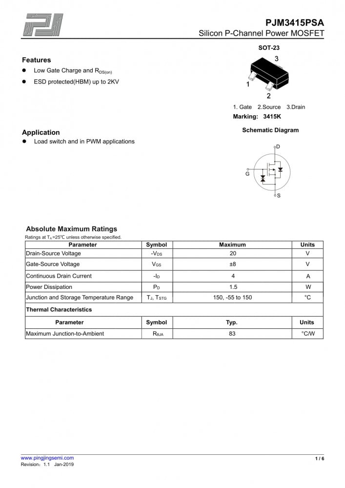 PJM3415PSA datasheet page 1