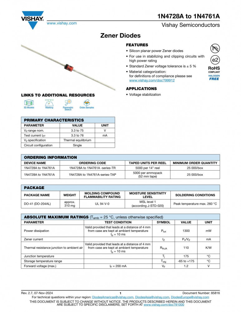 Vishay 1N47xx Zener diode datasheet page 1