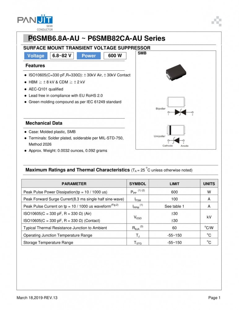 PANJIT P6SMB36CA-AU datasheet page 1