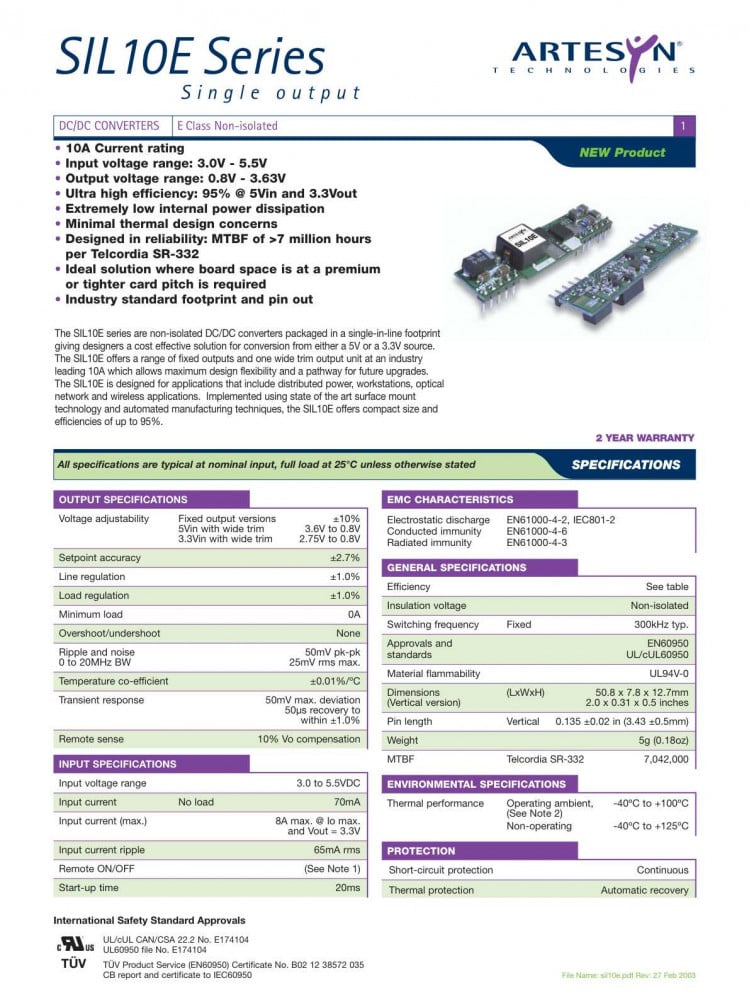 Artesyn SIL10E series datasheet page 1