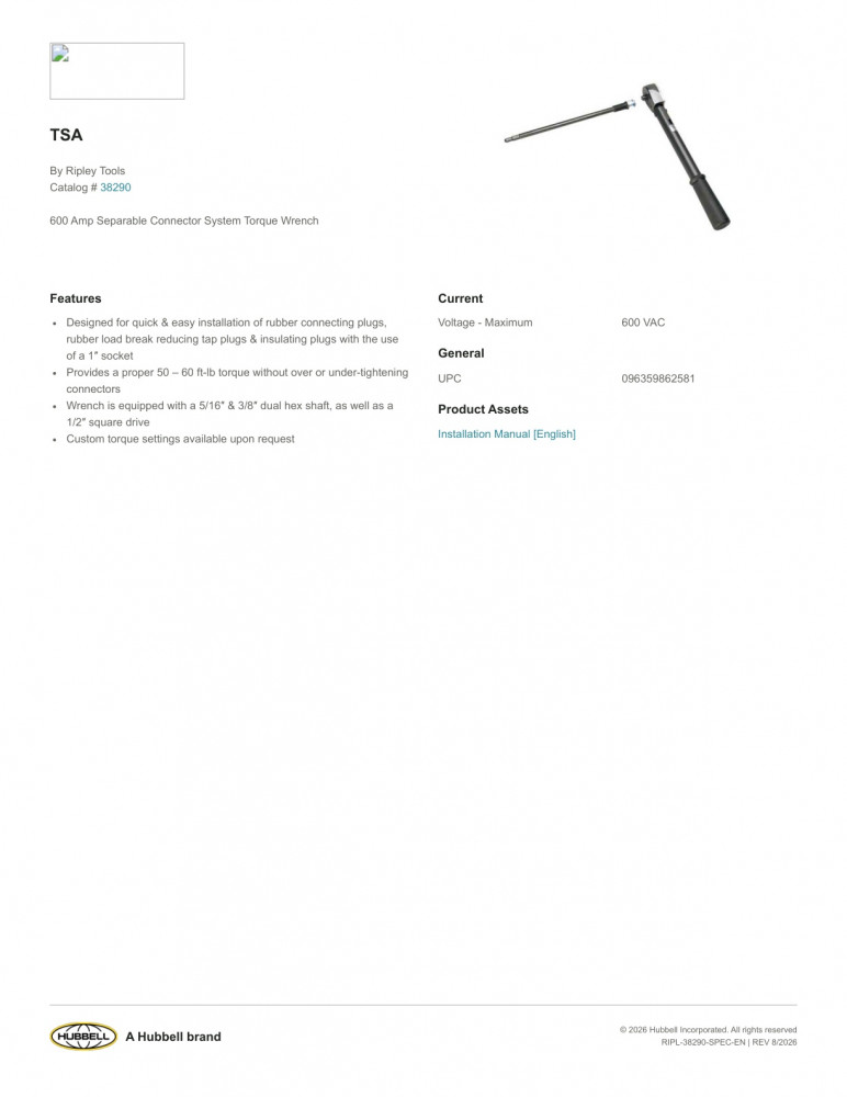 Burndy 38290 TSA torque wrench product documentation preview