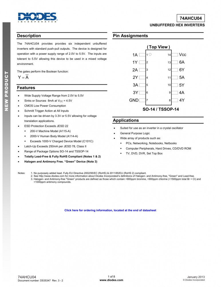 74AHCU04T14-13 datasheet page 1